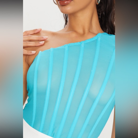 PrettyLittleThing | Tops | Turquoise Sheer Mesh One Shoulder Corset ...